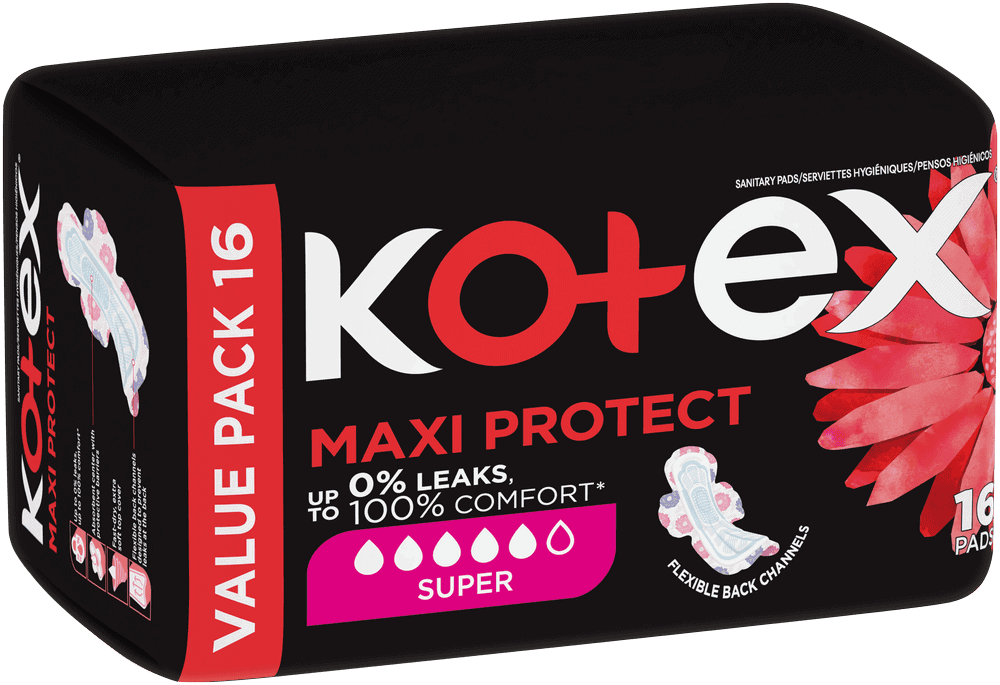 Kotex Maxi Protect Super Sanitary Pads with Wings 16pk